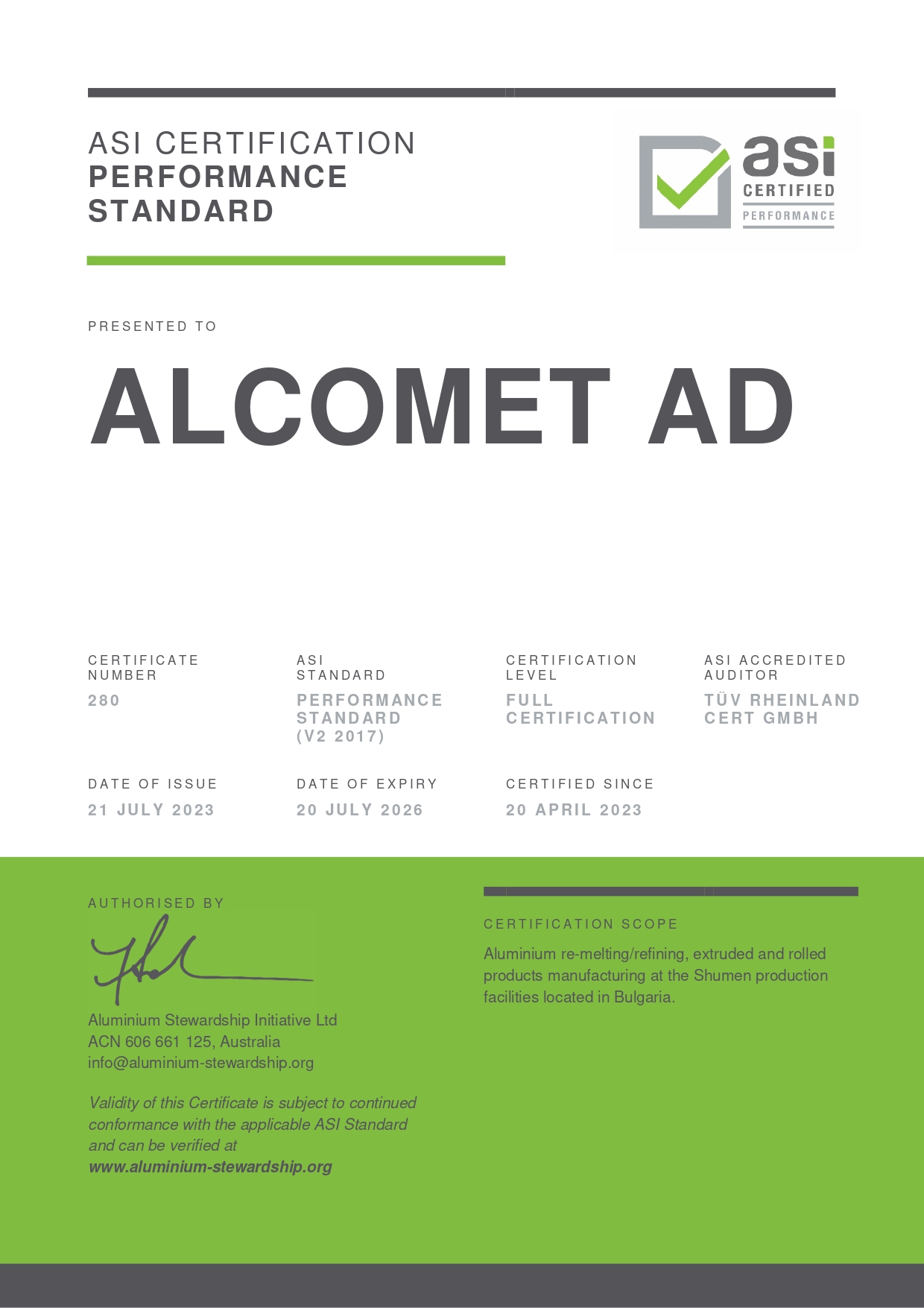 "Алкомет" АД се сертифицира по ASI Performance Standard V2